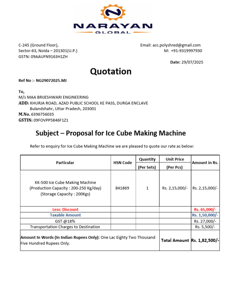KK-500 Ice Cube Machine Quotation | PDF