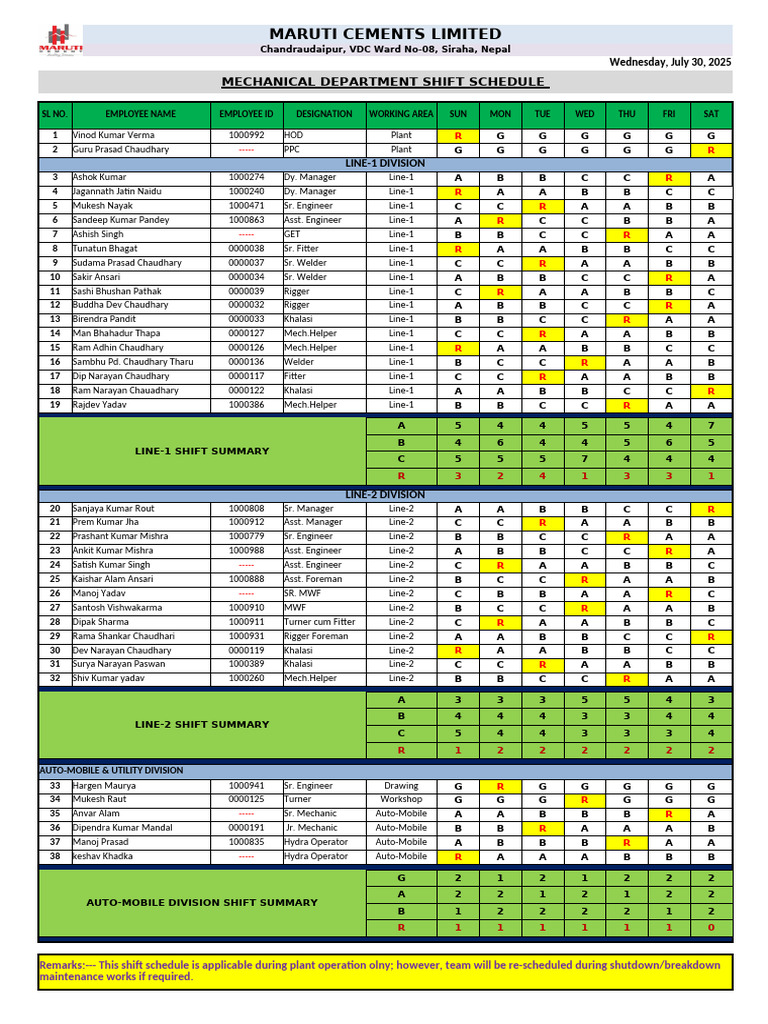 Maruti Cements Shift Schedule 2025 | PDF