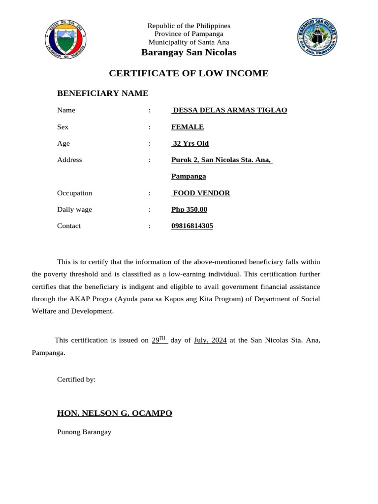 Certificate of Low Income | PDF | Poverty | Poverty & Homelessness