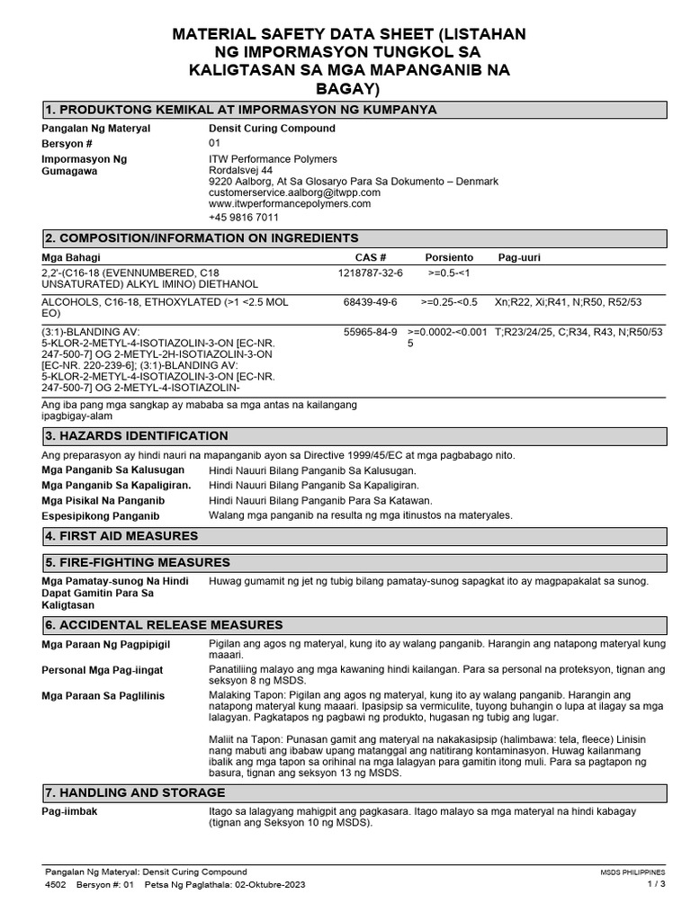 Densit Curing Compound MSDS Philippines Tagalog | PDF