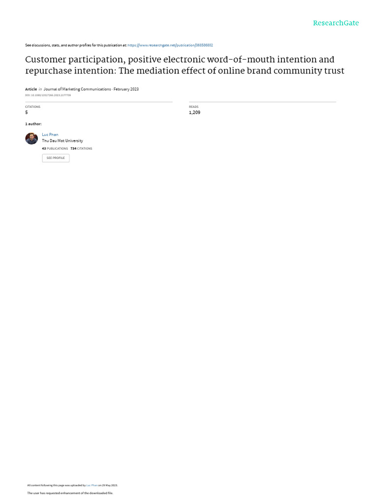 Customer Participation, Positive Electronic Word-Of-Mouth Intention and ...