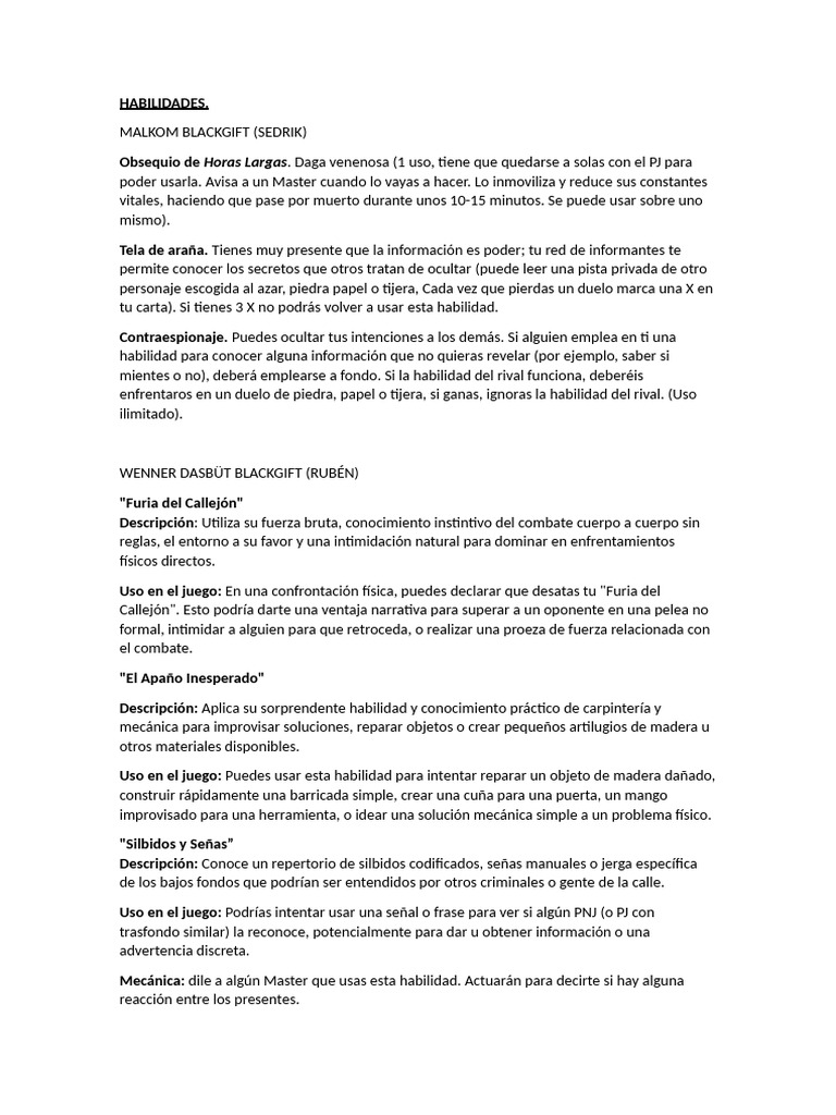 Habilidades de Los Pjs (Sin Los Valcroix) | PDF