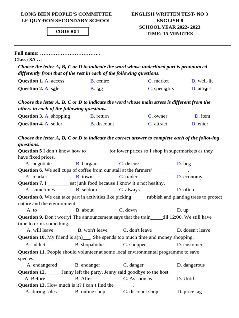 Đề KT 15p G8 Số 2 - Đề 1 | PDF | Retailing