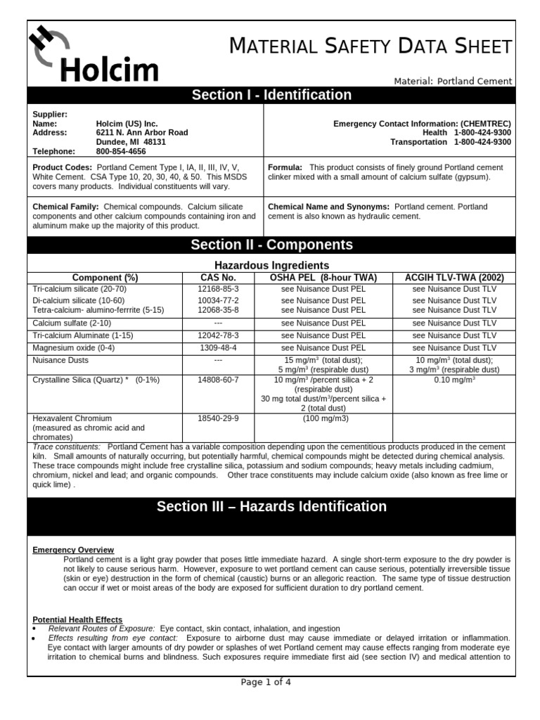Portland Cement Safety Data Sheet | PDF | Cement | Silicon Dioxide