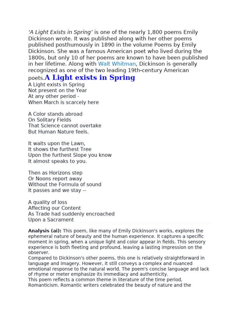 Analysis of Dickinson's Spring Poem | PDF | Poetry | Emily Dickinson