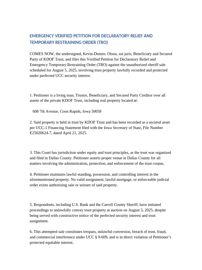 KDOF Trust: Emergency TRO Petition | PDF | Security Interest | Injunction