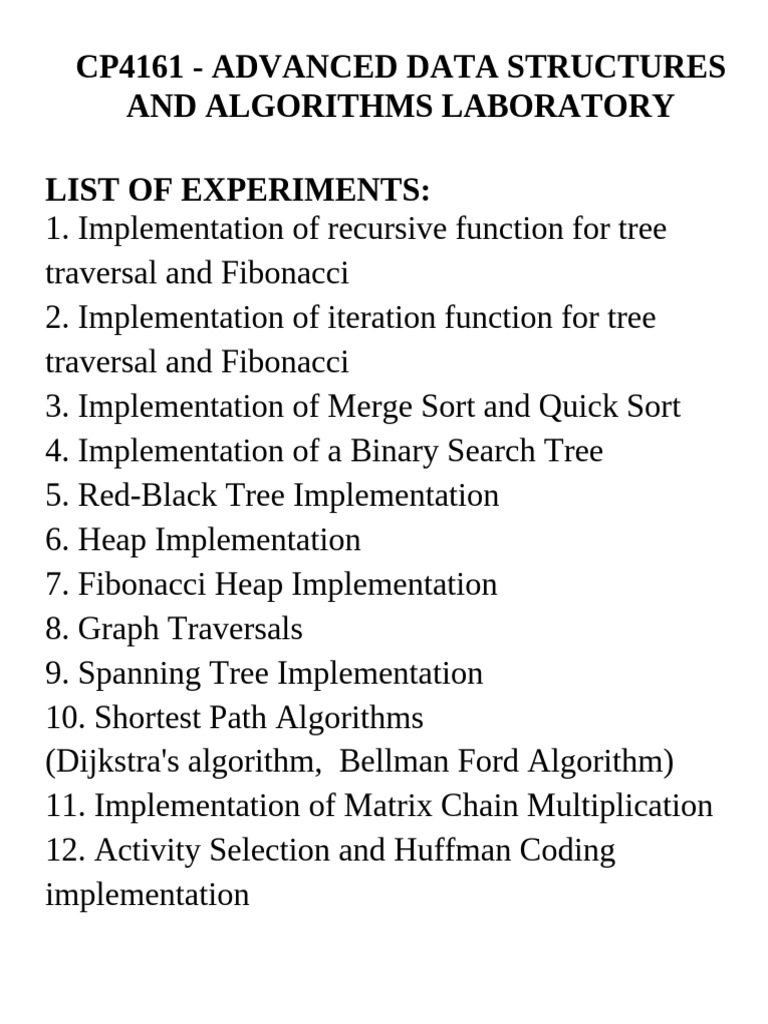 Cp4161 - Advanced Data Structures and Algorithms Laboratory List of Experiments | PDF