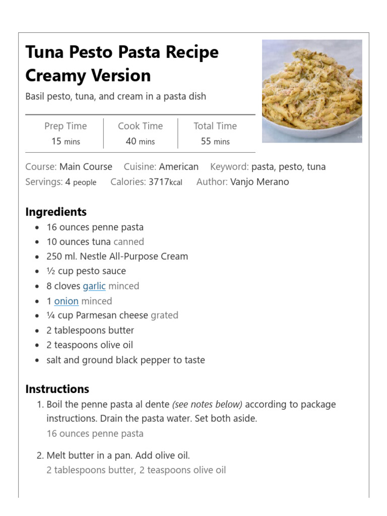 Tuna Pesto Pasta Recipe Creamy Version - Panlasang Pinoy | PDF | Pesto ...