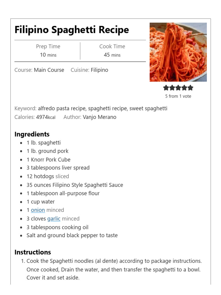 Filipino Style Spaghetti Recipe | PDF