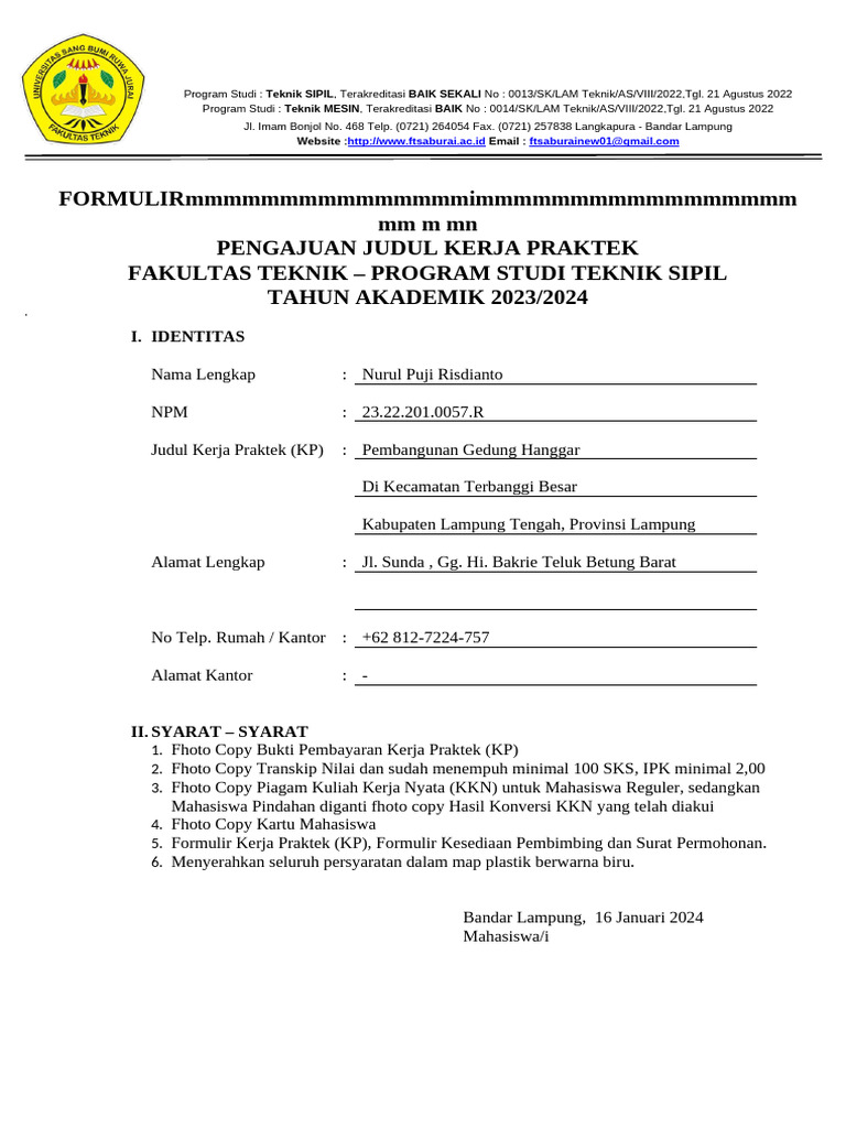 (Nurul) Formulir Pengajuan Judul KP | PDF