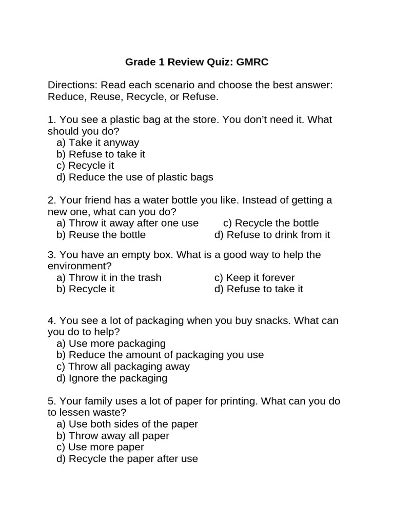 Reduce, Reuse, Recycle Practice Quiz | PDF