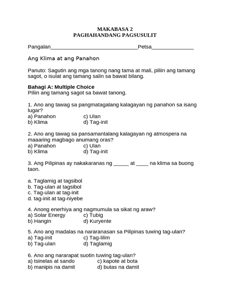 Paghahandang Pagsusulit - Klima Sa Komunidad - AnyongLupaAtTubig | PDF