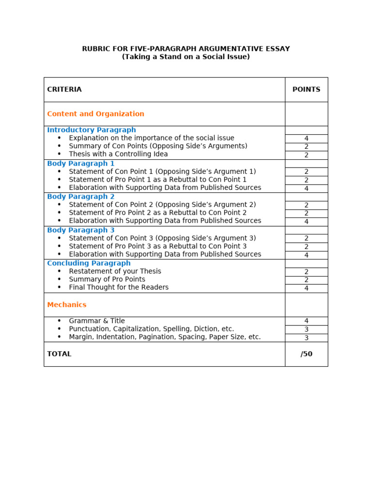 Rubric For Argumentative Essay and Outline | PDF