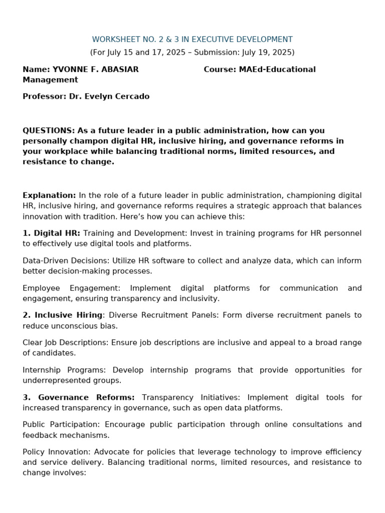 Worksheet No 2&3 Executive Yvonne | PDF | Governance | Recruitment