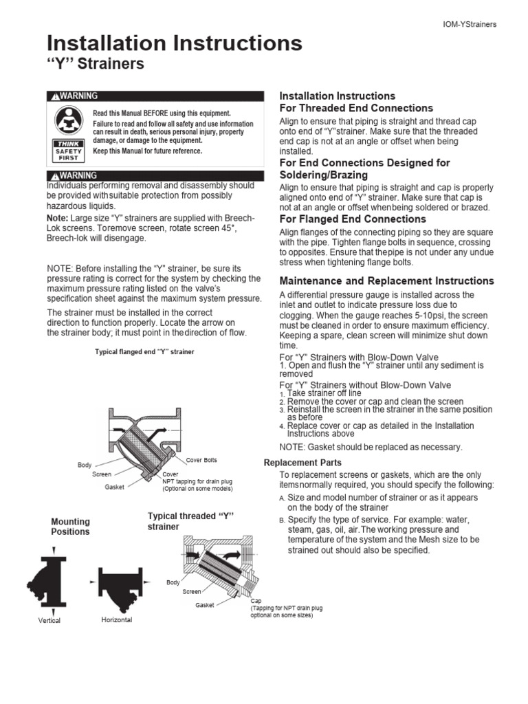 Y Strainer Installation Guidelines | PDF | Valve | Plumbing