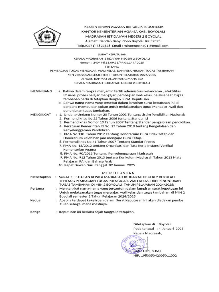 SK Pembagian Tugas Mengajar Dan Tugas Tambahan SMT 2 2024-2025 | PDF
