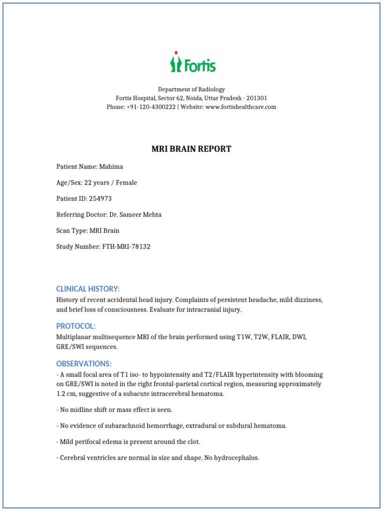 MRI Brain Report With Fortis Logo-1 | PDF