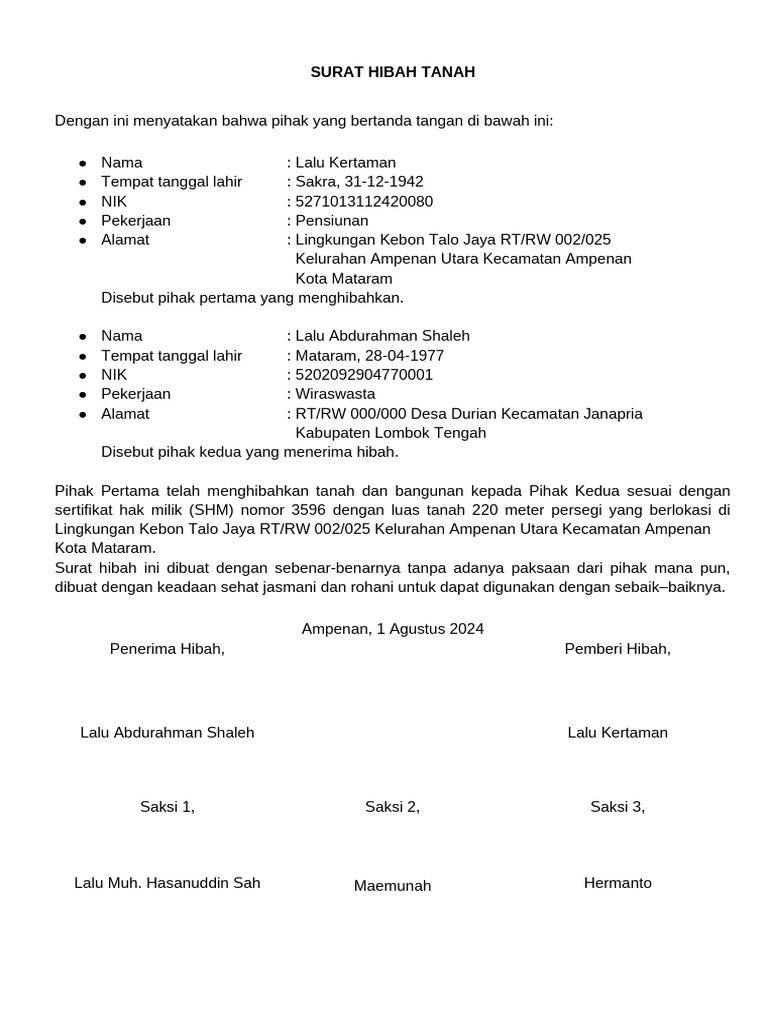 Contoh Surat Hibah Tanah dan Bangunan | PDF