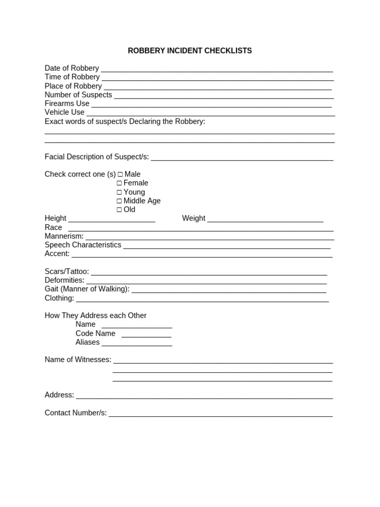 Robbery Incident Reporting Checklist | PDF