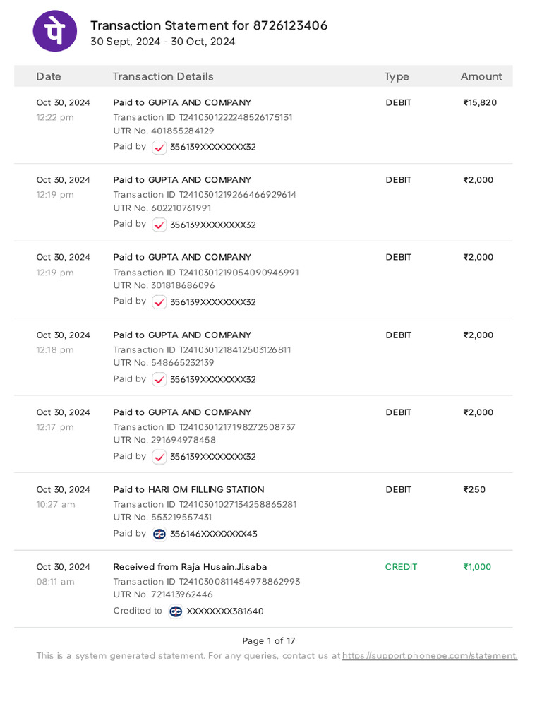 PhonePe Statement Sept2024 Oct2024 | PDF | Debit Card | Debits And Credits