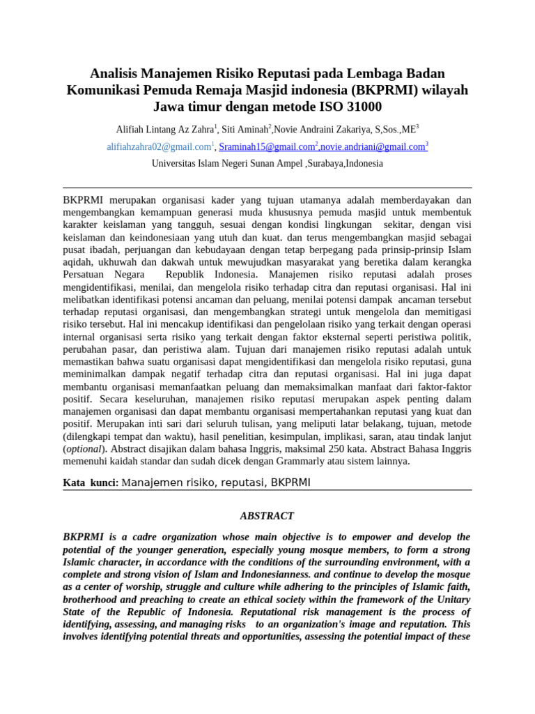 Analisis Manajemen Risiko Reputasi Pada Lembaga Badan Komunikasi Pemuda Remaja Masjid Indonesia ...