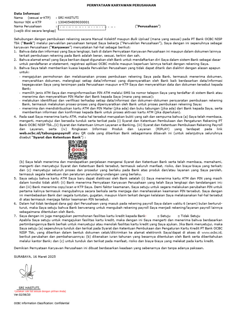 WPB - Pernyataan Karyawan Perusahaan - PT Uss An. Sri Hastuti | PDF