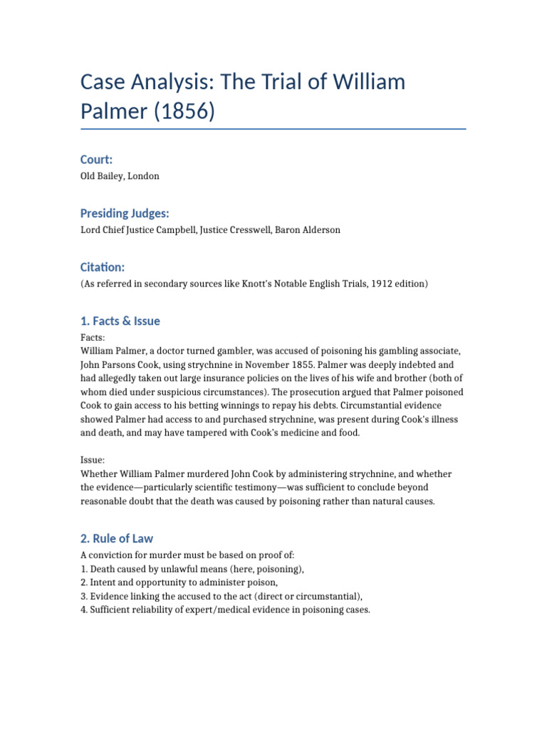 William Palmer Case Analysis | PDF | Evidence (Law) | Legal Procedure