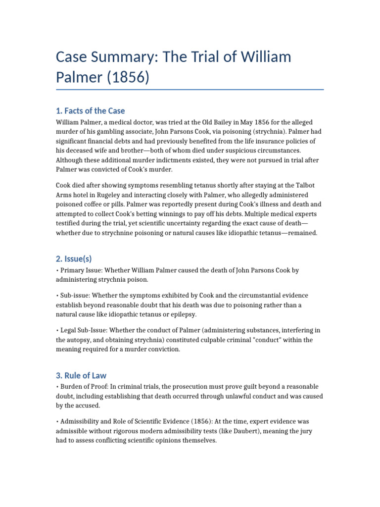 Palmer v. Cook: Poisoning Case Summary | PDF | Evidence (Law) | Burden ...