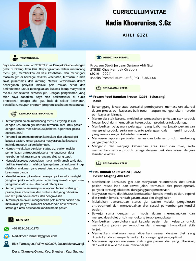 Cv. Nadia Khoerunisa, S.GZ | PDF