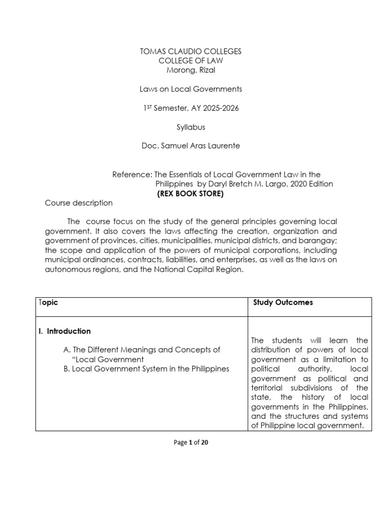 Local Government Law Syllabus Philippines | PDF | Philippines | Government