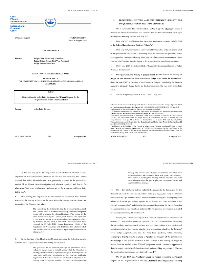 Al-Hassan Judges Observations | PDF | Prosecutor | Judge