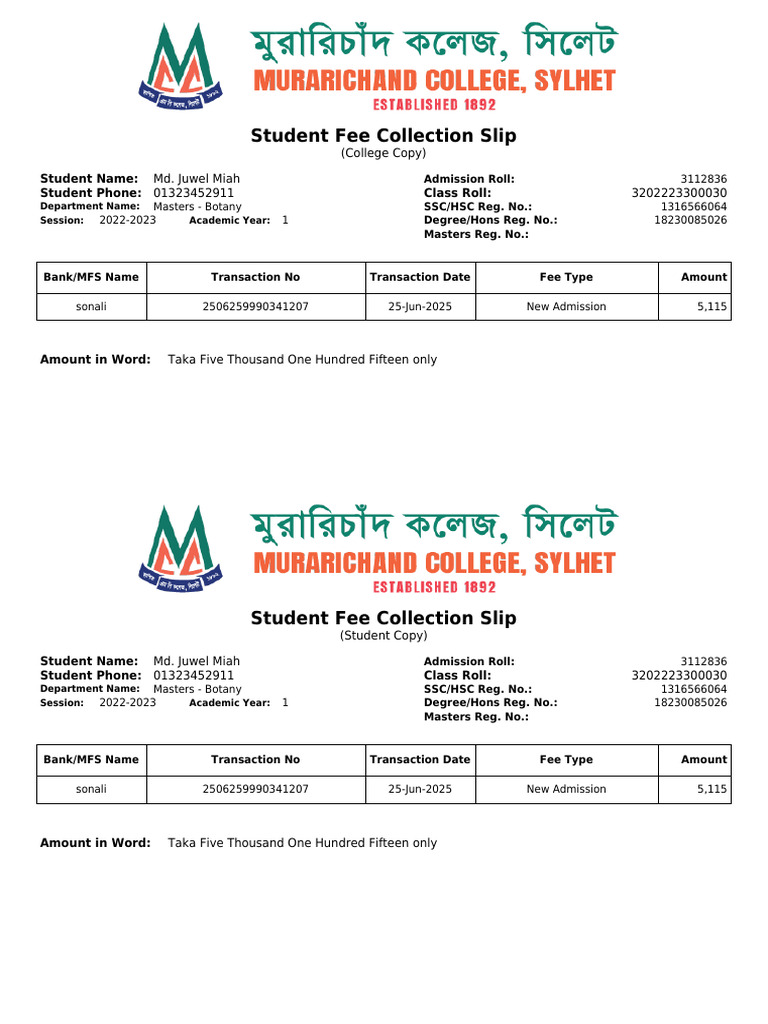 Student Fee Collection Slip | PDF