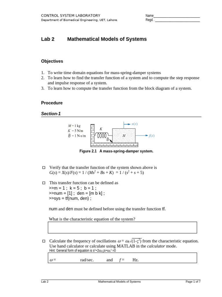 Mathematical Models in Control Systems | PDF | Damping | Function ...