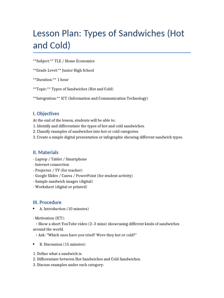 Lesson Plan Types of Sandwiches With ICT | PDF