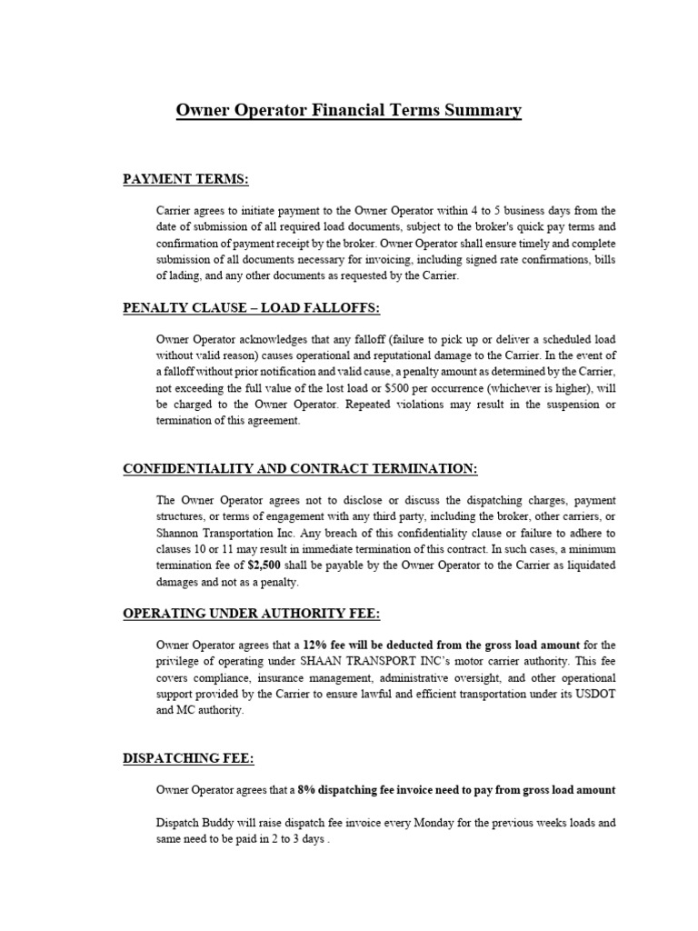 Owner Operator Financial Terms Summary | PDF | Fee | Receipt