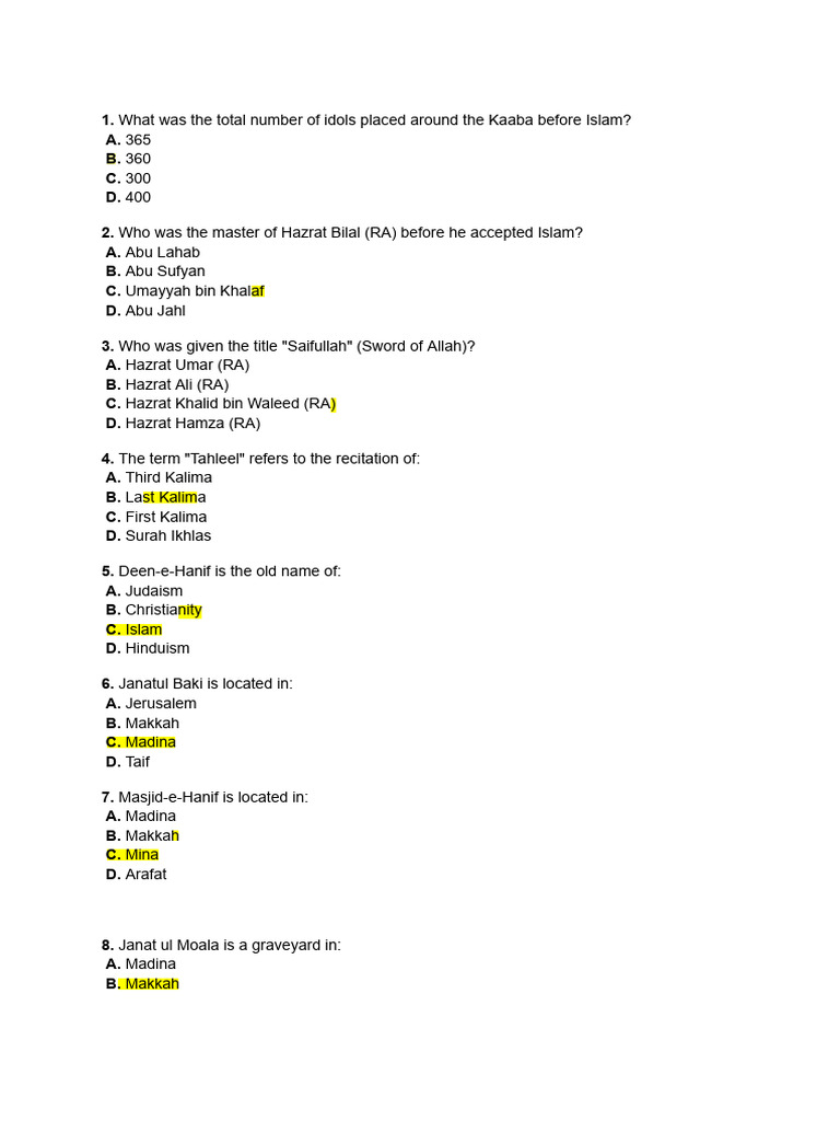 Islamic History Quiz Questions | PDF | Muhammad | Umar