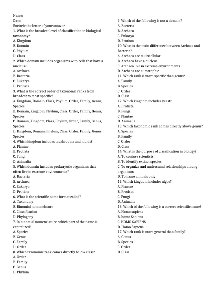 Taxonomy Quiz for Biological Classification | PDF | Genus | Taxonomy ...
