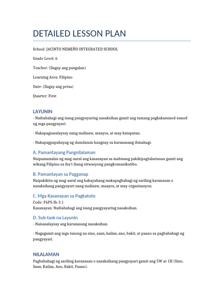 Filipino6 LessonPlan Nasaksihan | PDF