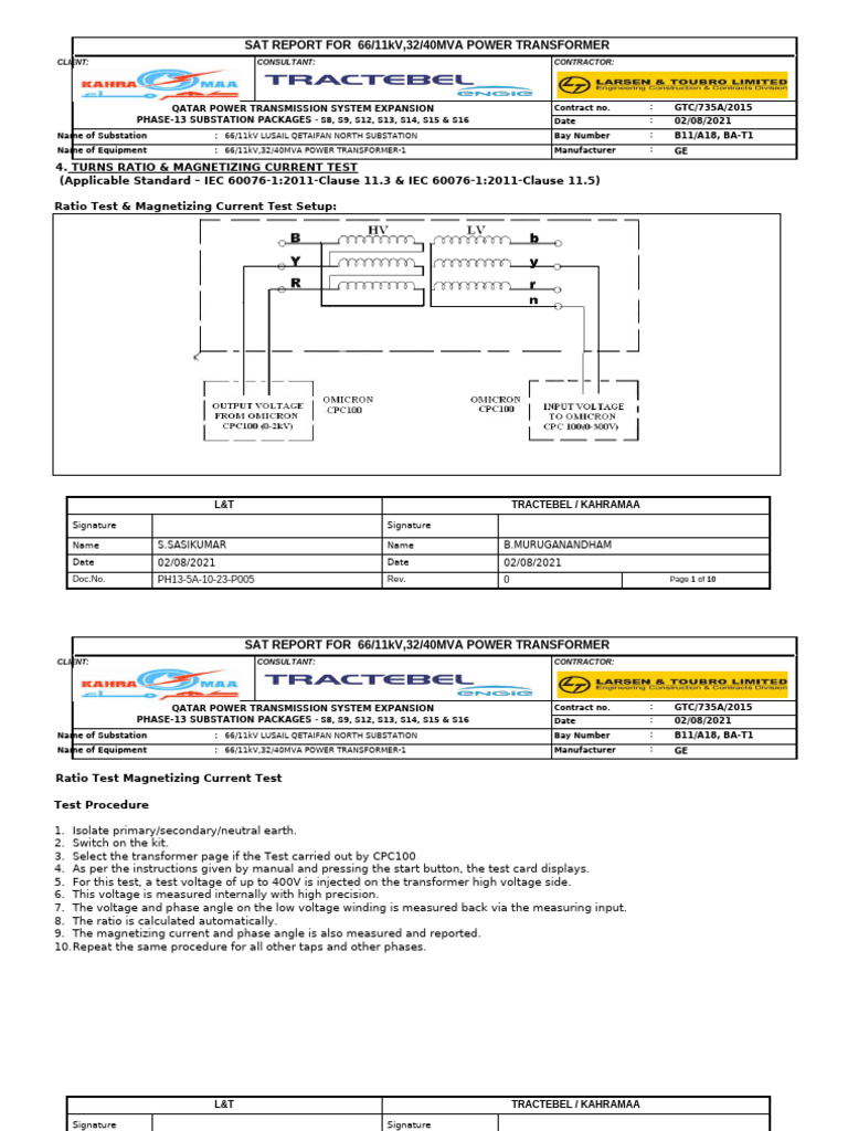 Ratio and Magnetizing Current HV, LV Side and Excitation Current Test ...