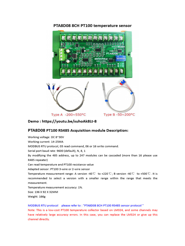 Pta8d08 8ch Pt100 Rs485 Sensor Mamual | PDF