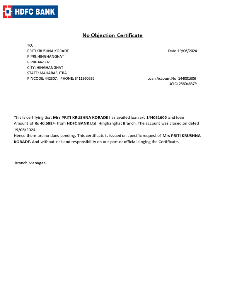 No Objection Certificate for Loan Closure | PDF