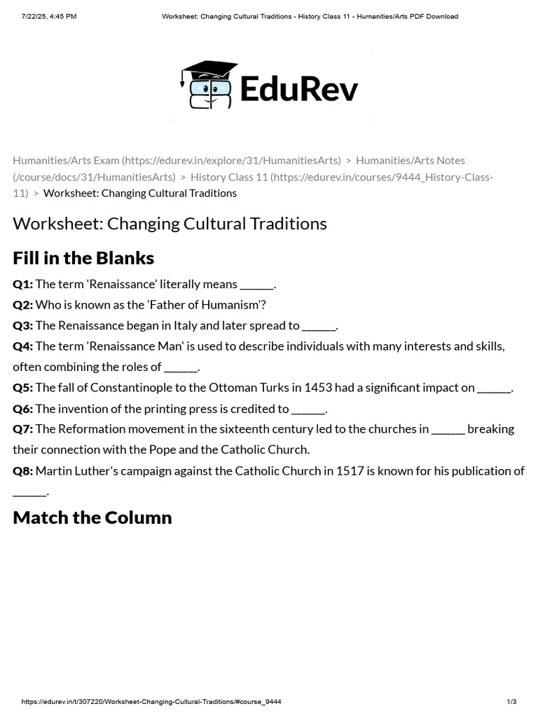 Changing Cultural Traditions Worksheet | PDF | Renaissance