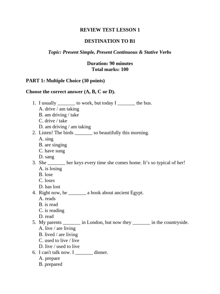 B1 English Test: Present Tenses & Verbs | PDF | Syntax | Grammar
