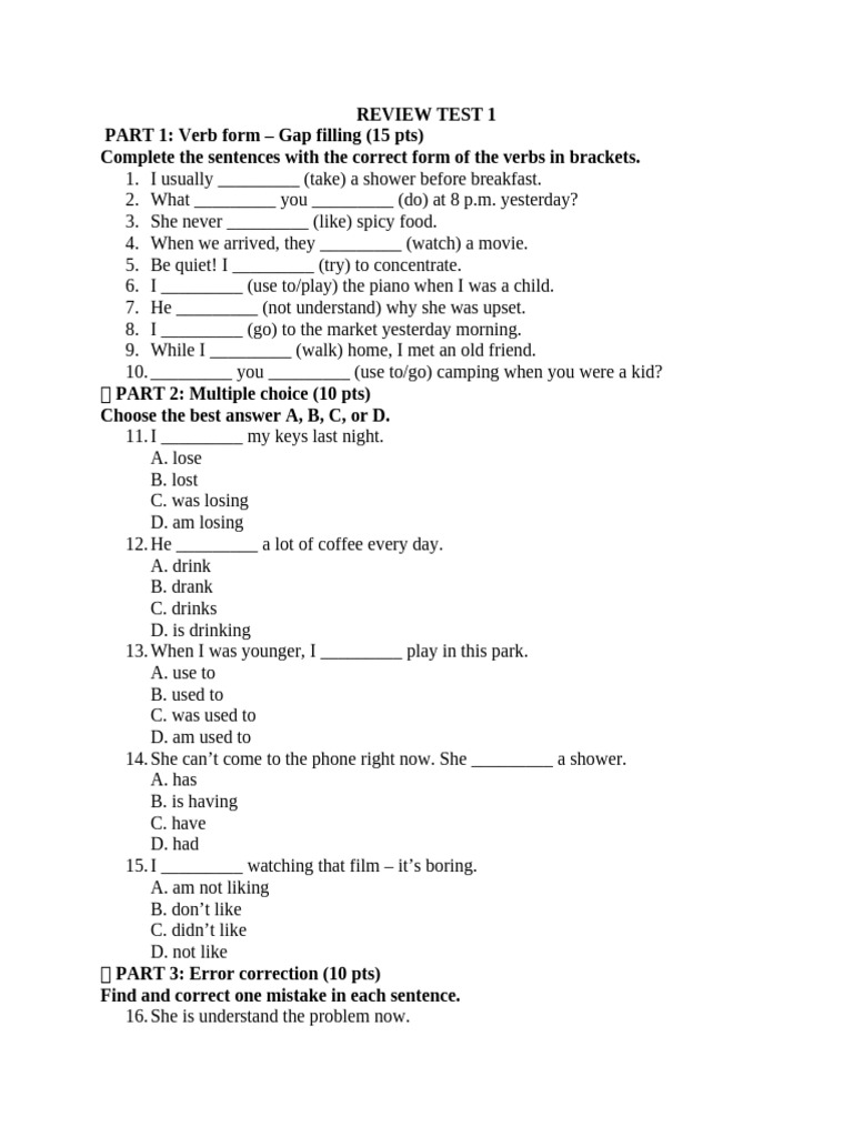 Review Test on Verb Tenses and Forms | PDF