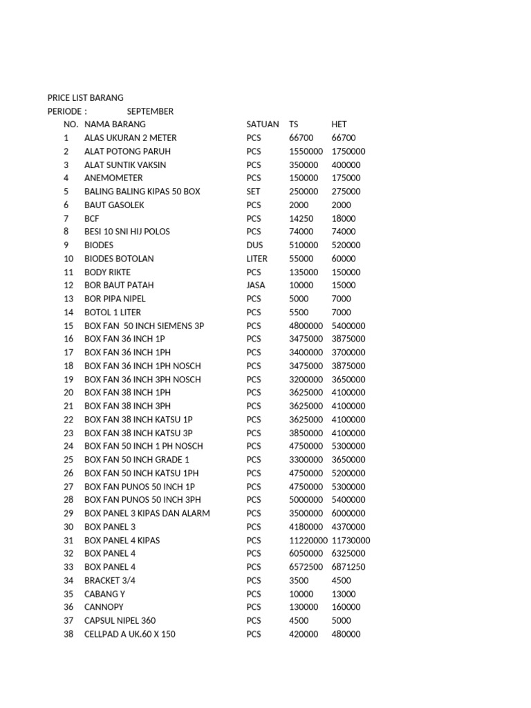 September Price List for Equipment | PDF