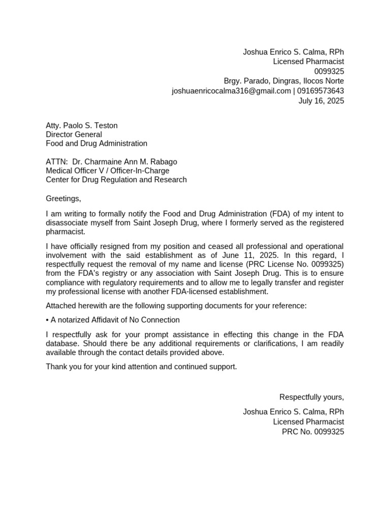 FDA Resignation Letter from Pharmacist | PDF
