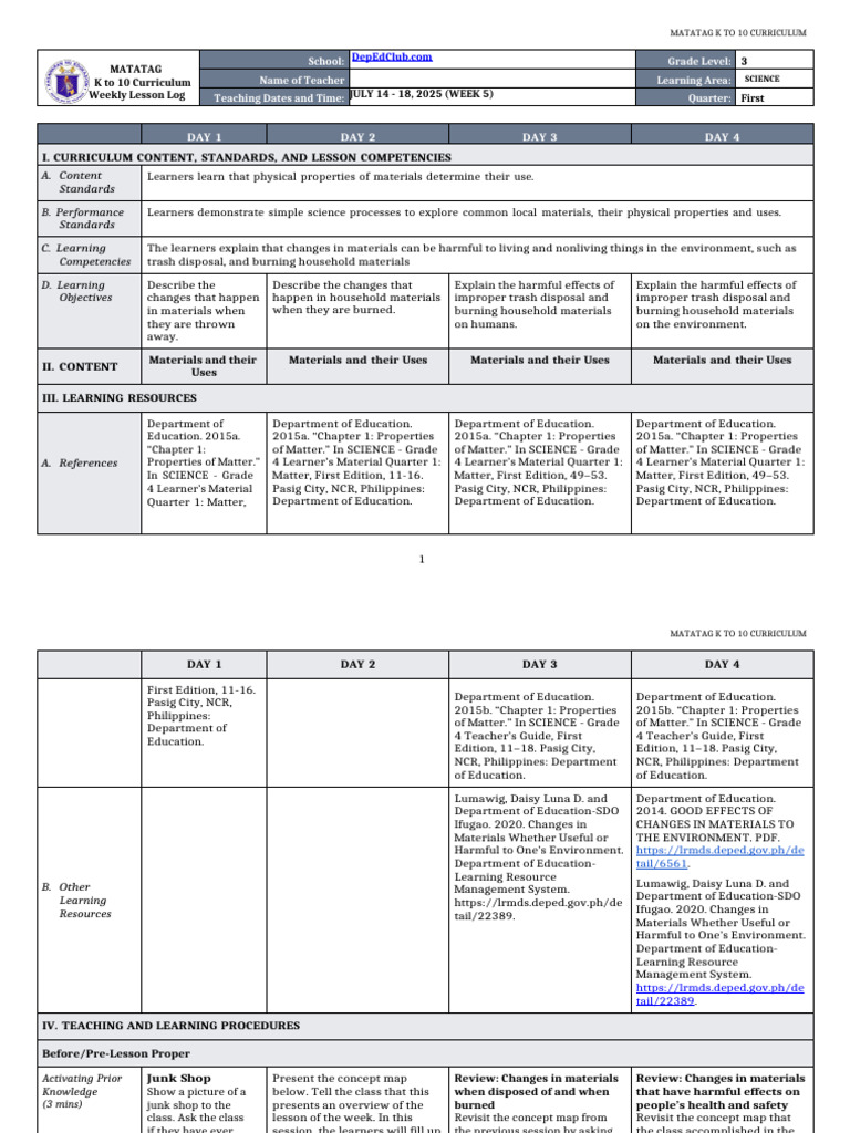 DLL Matatag - Science 3 - Q1 - W5 | PDF | Learning | Waste