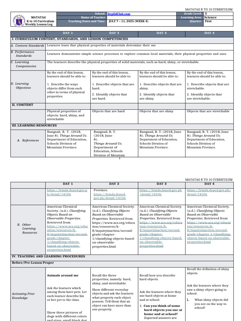 DLL Matatag - Science 3 - Q1 - W4 | PDF | Curriculum | Learning