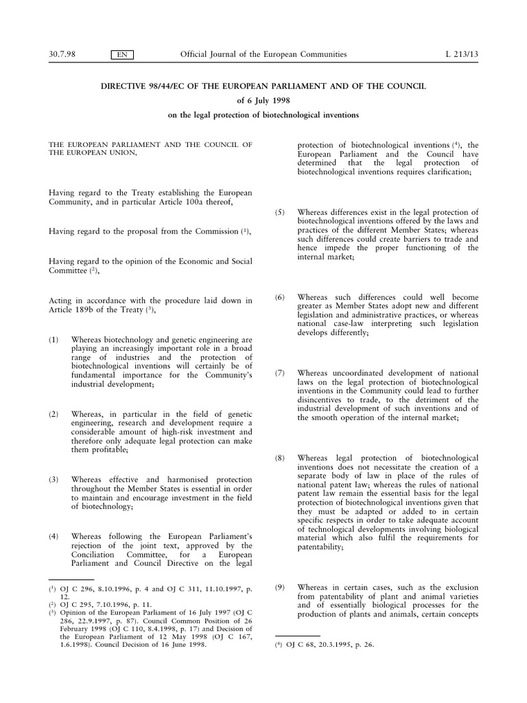 Directive 98-44-EC On The Legal Protection of Biotechnological ...