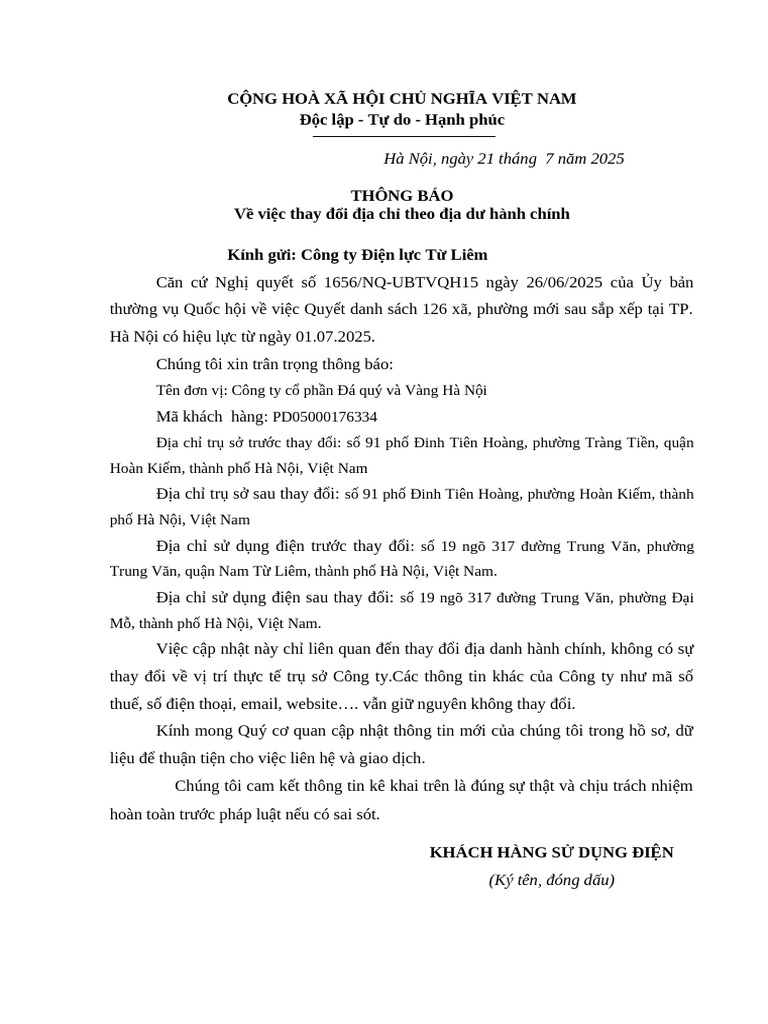 Thong Bao Thay Doi Dia Chi | PDF